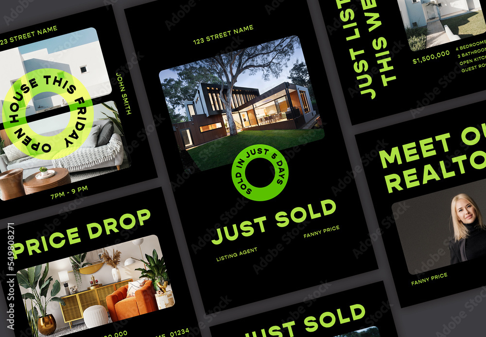 Set of Black and Green Real Estate Social Media Posts Stock Template ...