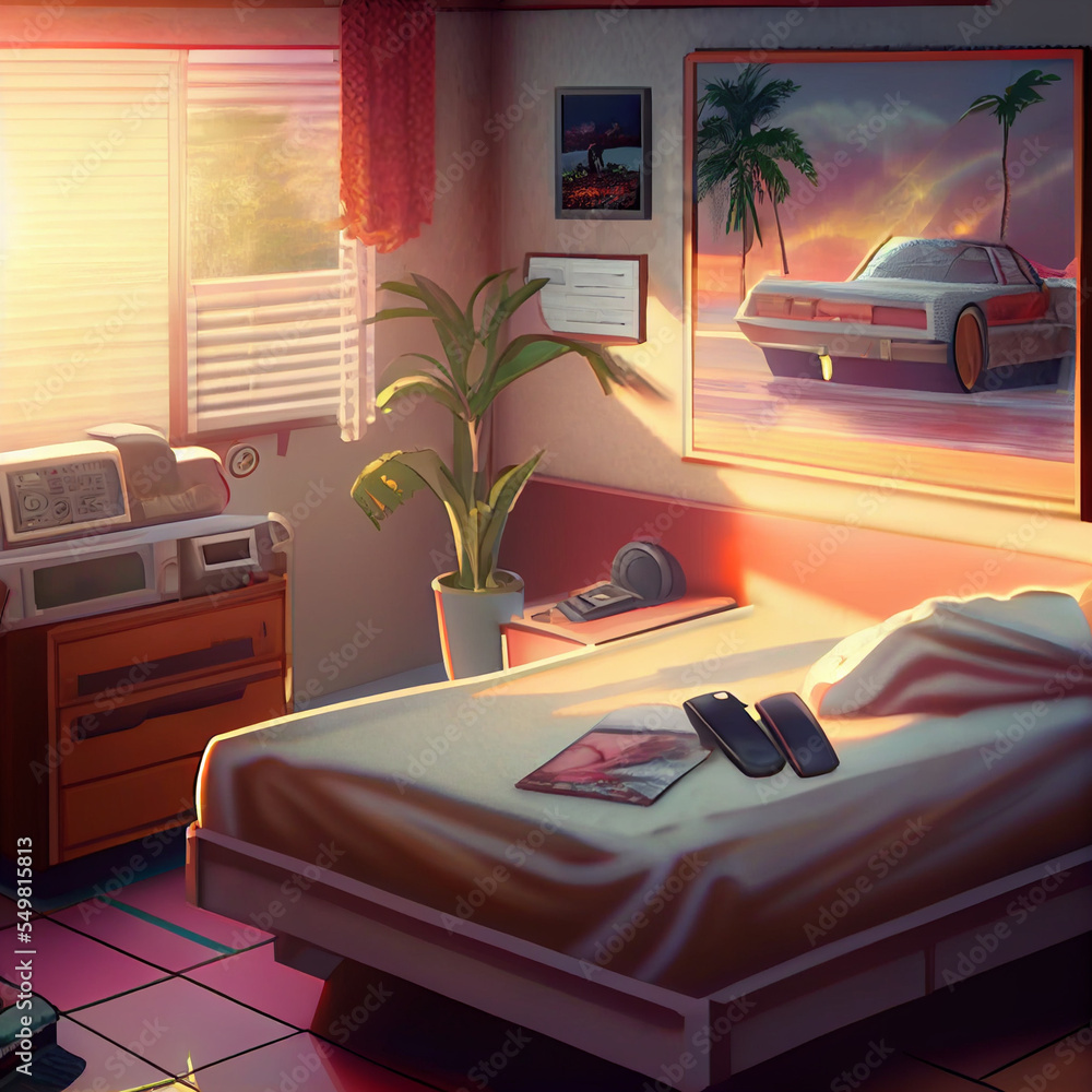 90's vice city Isometric retro gamer bedroom illustration. Open inside ...