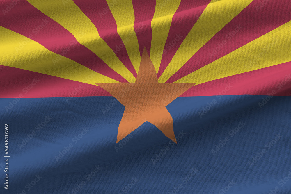 Arizona US state flag with big folds waving close up under the studio ...