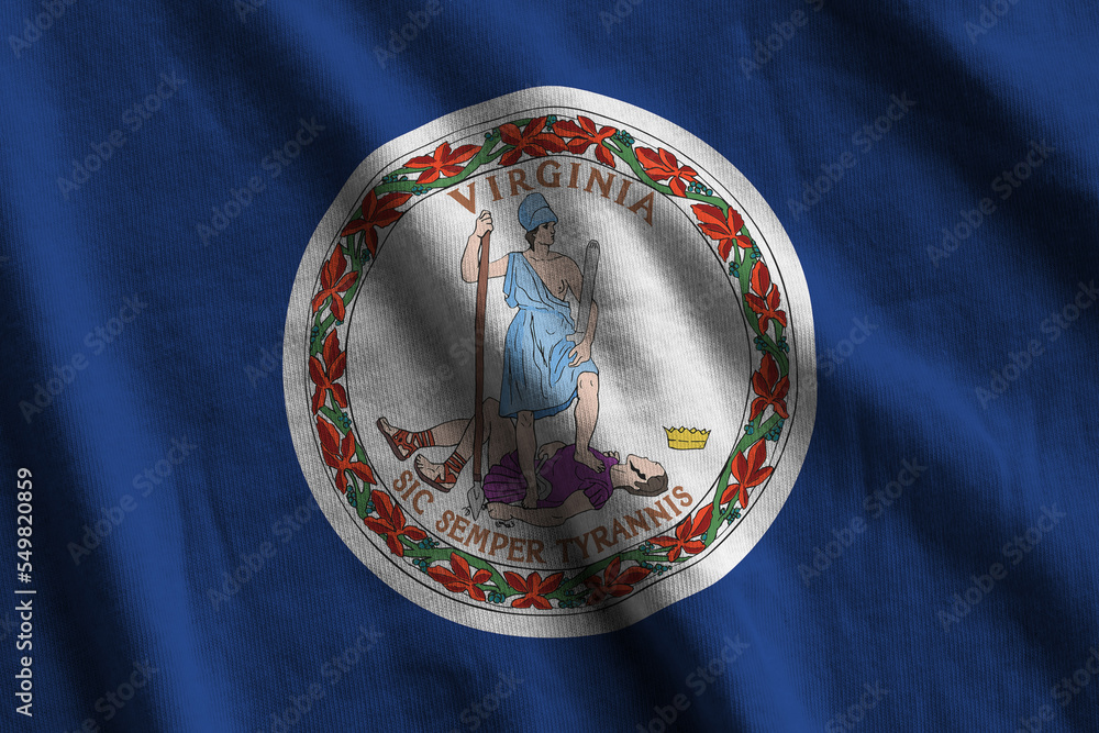 Virginia US state flag with big folds waving close up under the studio ...