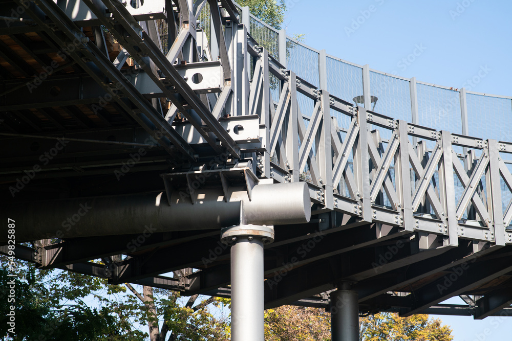 pedestrian overpass: pillar, steel structure, the base with a steel ...