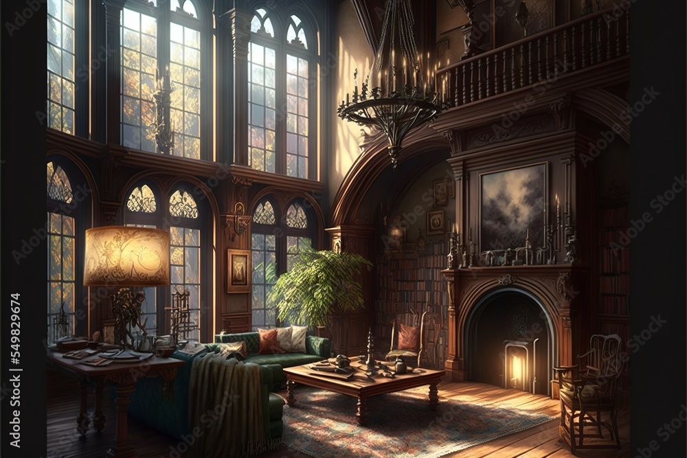 Gothic mansion victorian living room with huge windows interior design ...