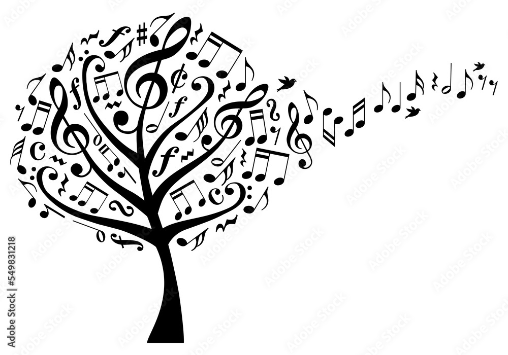 Music tree with flying musical notes, illustration over a transparent ...