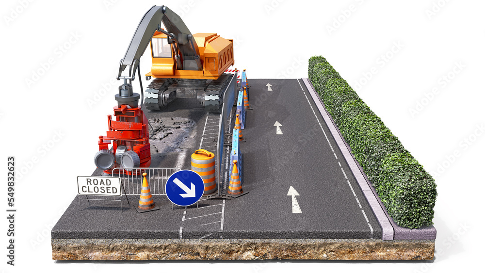 Concept of road works, front view on a piece of ground where router ...