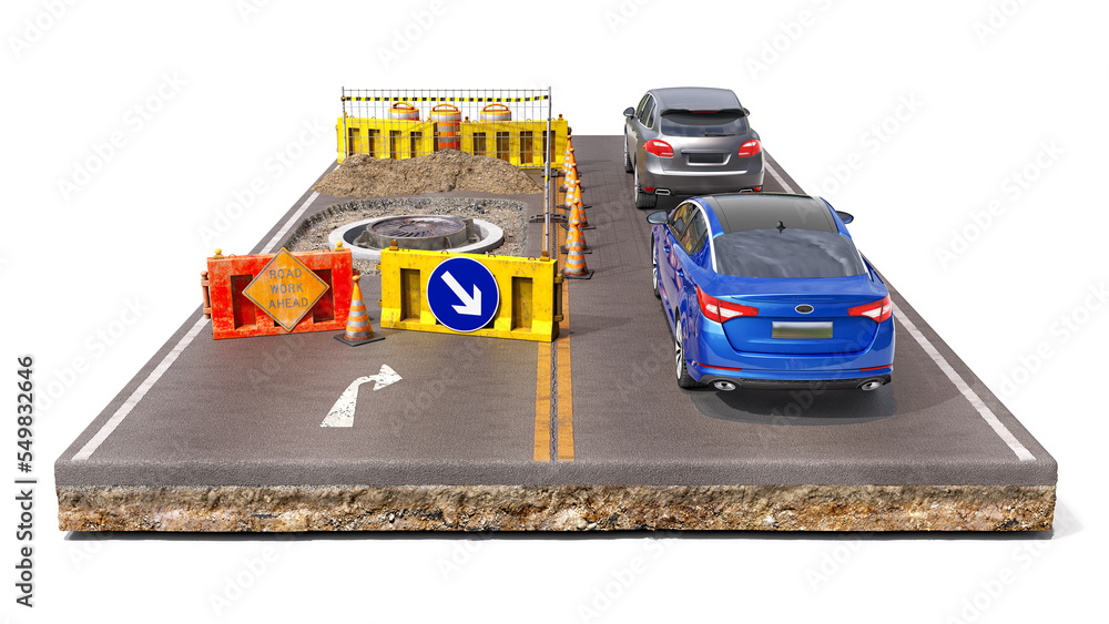 Concept of road works, front view on a piece of ground with a pit with ...
