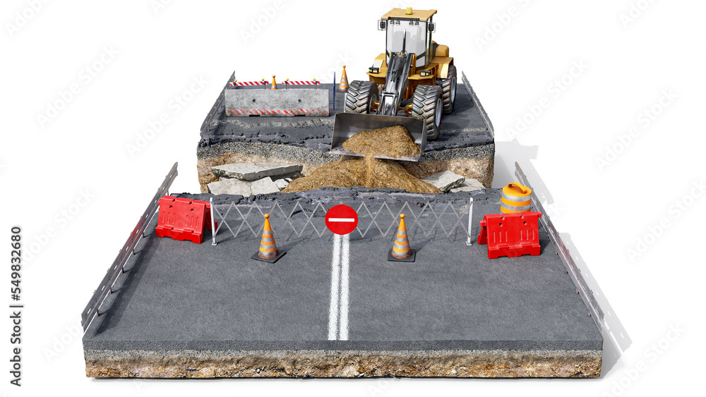 Concept of road works, front view on a piece of ground where road is ...