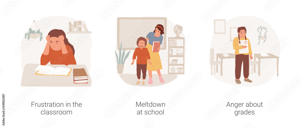 Emotion control at school isolated cartoon vector illustration set ...