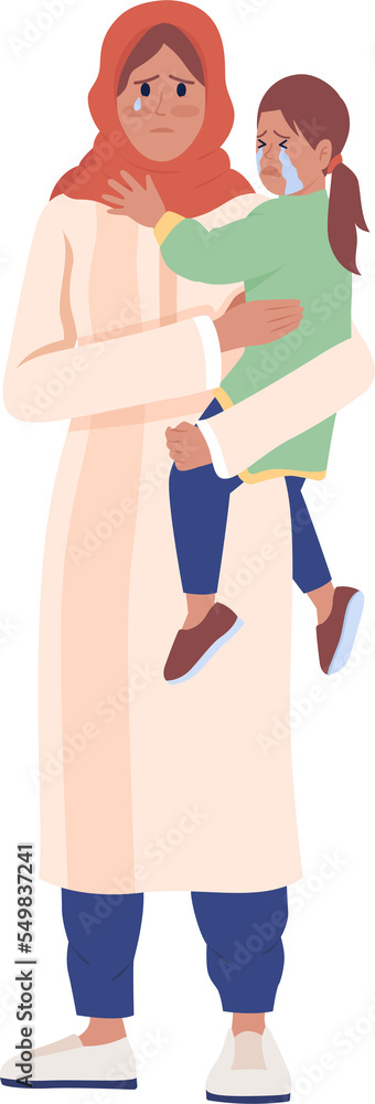 Female war victim holding teary daughter semi flat color raster ...