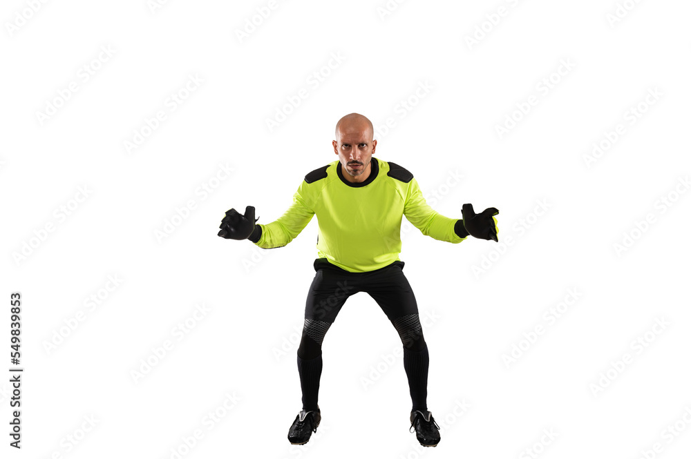 Goalkeeper ready to catches the soccerball during a football match ...