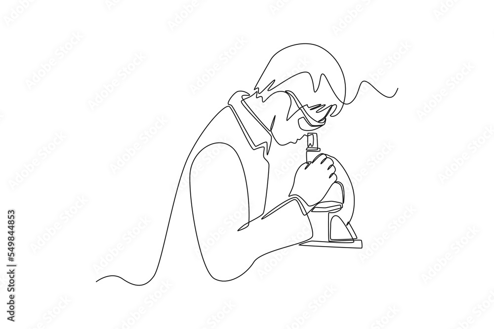 One continuous line drawing of scientist use a microscope to see the ...