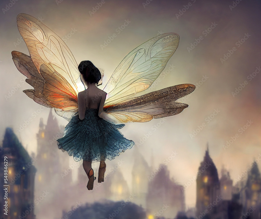 A fairy or an elf with wings in a fantasy world of dreams. Illustration ...