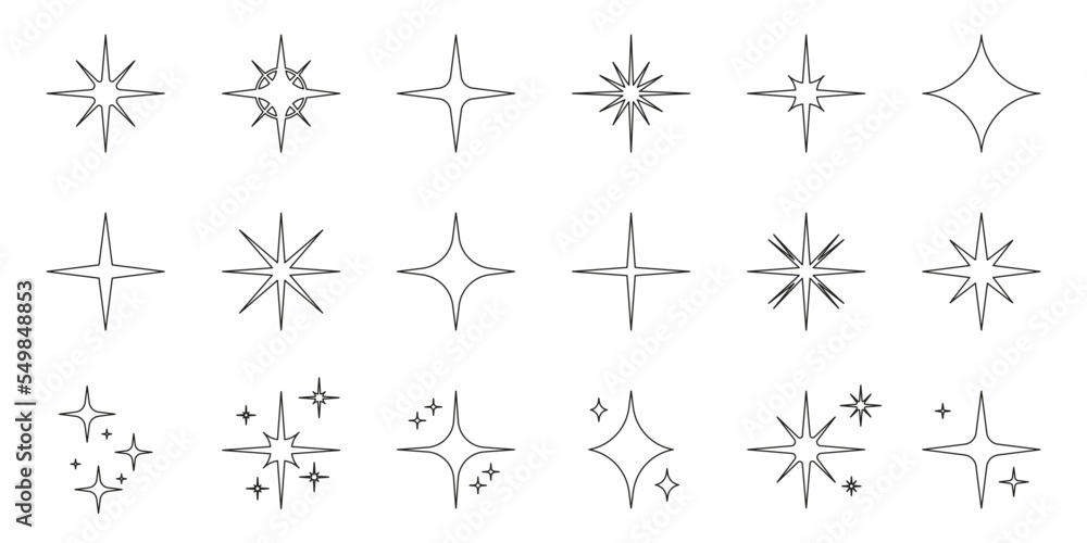 Sparkle Star Line Icon Set. Glow Spark Flash Stars Black Outline Collection. Shine Burst Magic ...