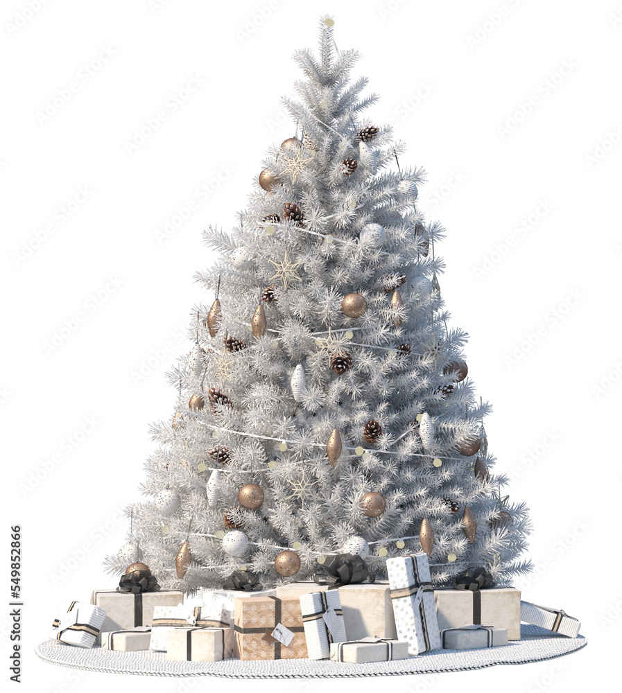 3d rendering of decorated faux silver christmas tree with gifts under ...
