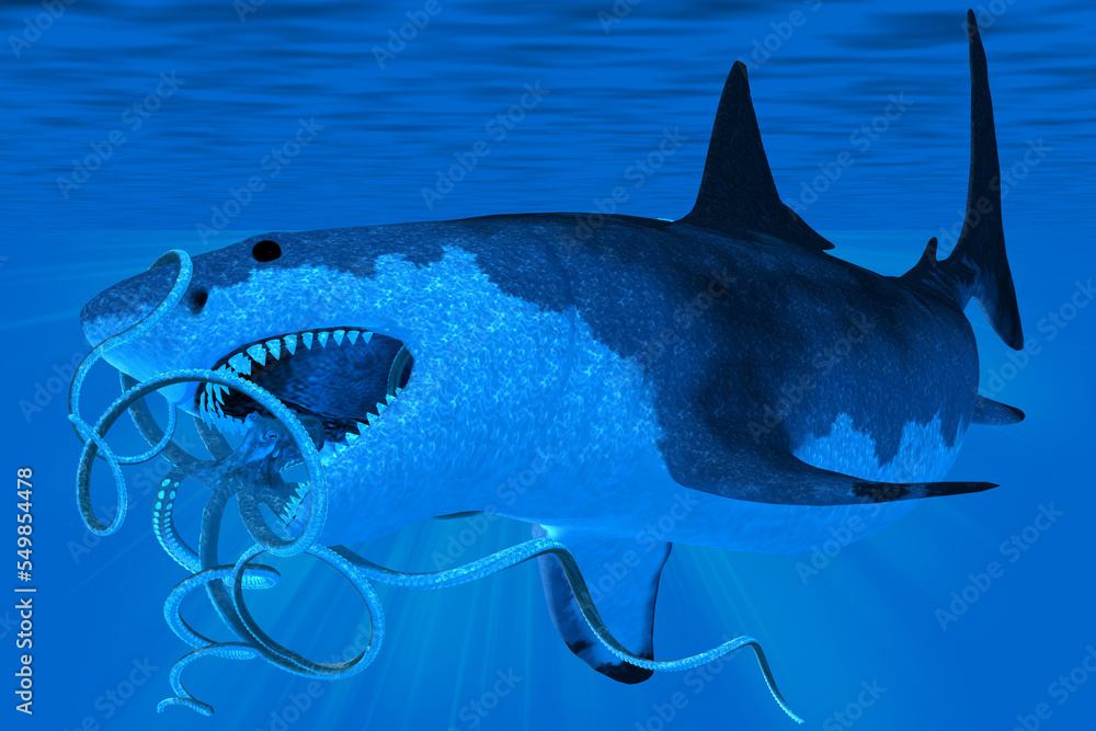 Poster Megalodon battles Giant Octopus - Underwater a massive Megalodon ...