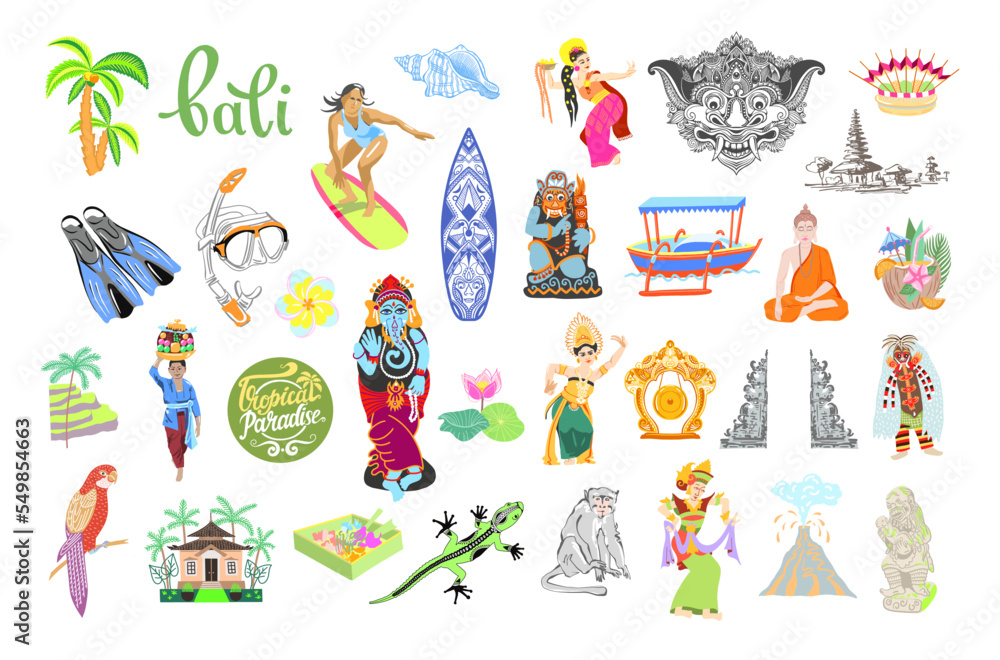 set of Bali Indonesia traditional symbols element, balinese flat design ...