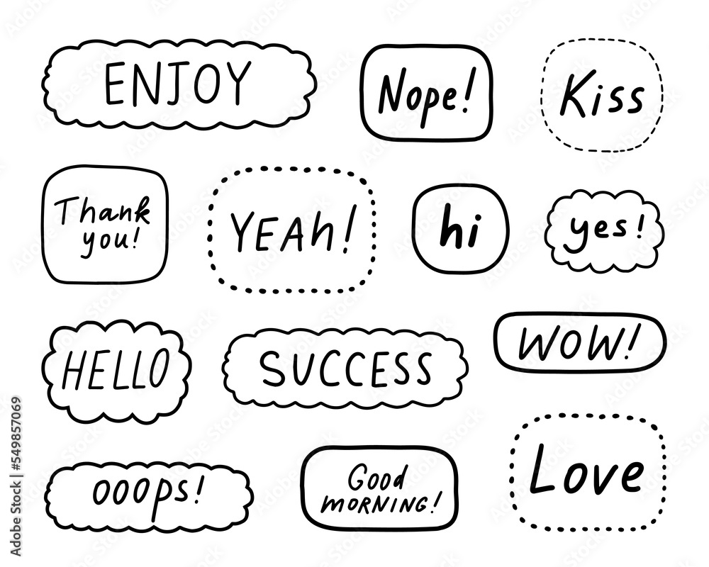 Cute hand drawn isolated speech bubbles set. Expression text NO, KISS ... Cute hand drawn isolated speech bubbles set. Expression text NO, KISS ...