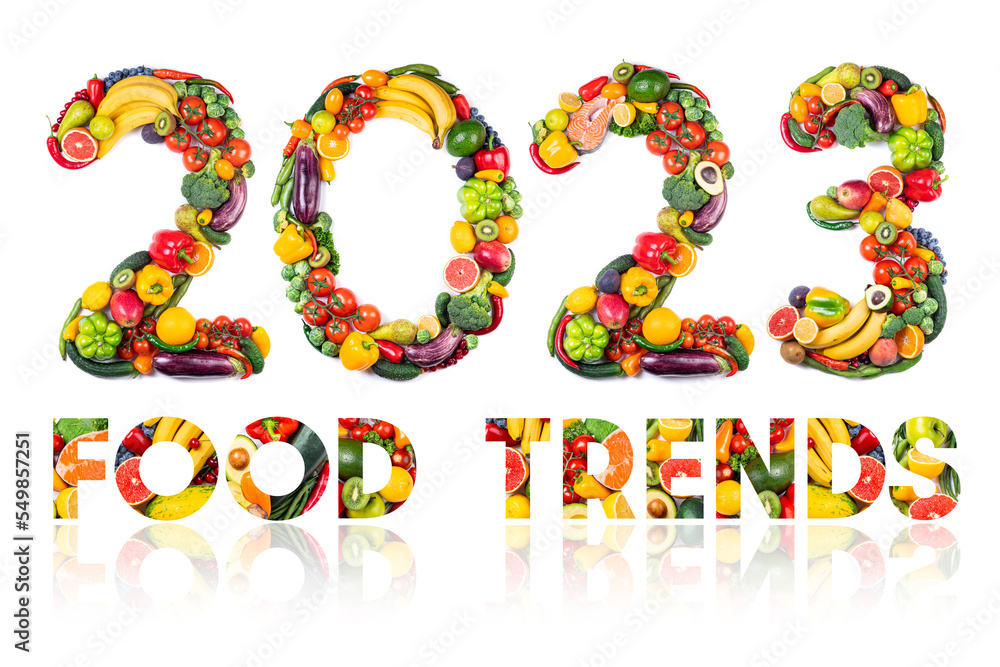 New year 2023 made of fruits and vegetables, fish. Healthy food. New ...