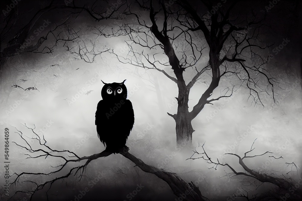 creepy owl silhouette on tree branch looking in front, dark night scary forest Illustration ...