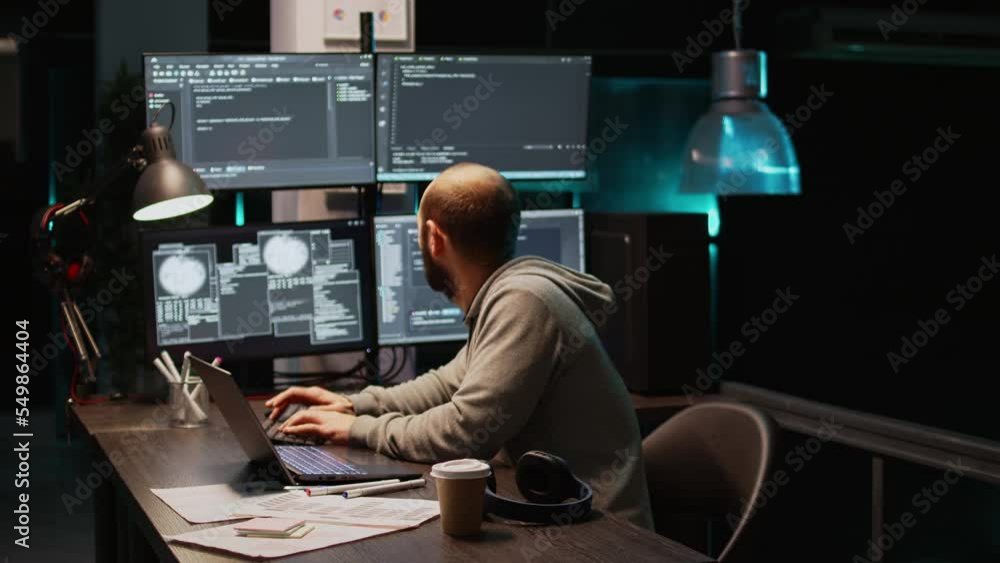 Software Engineer Typing Source Code On Multiple Monitors Displaying Terminal Window With Html