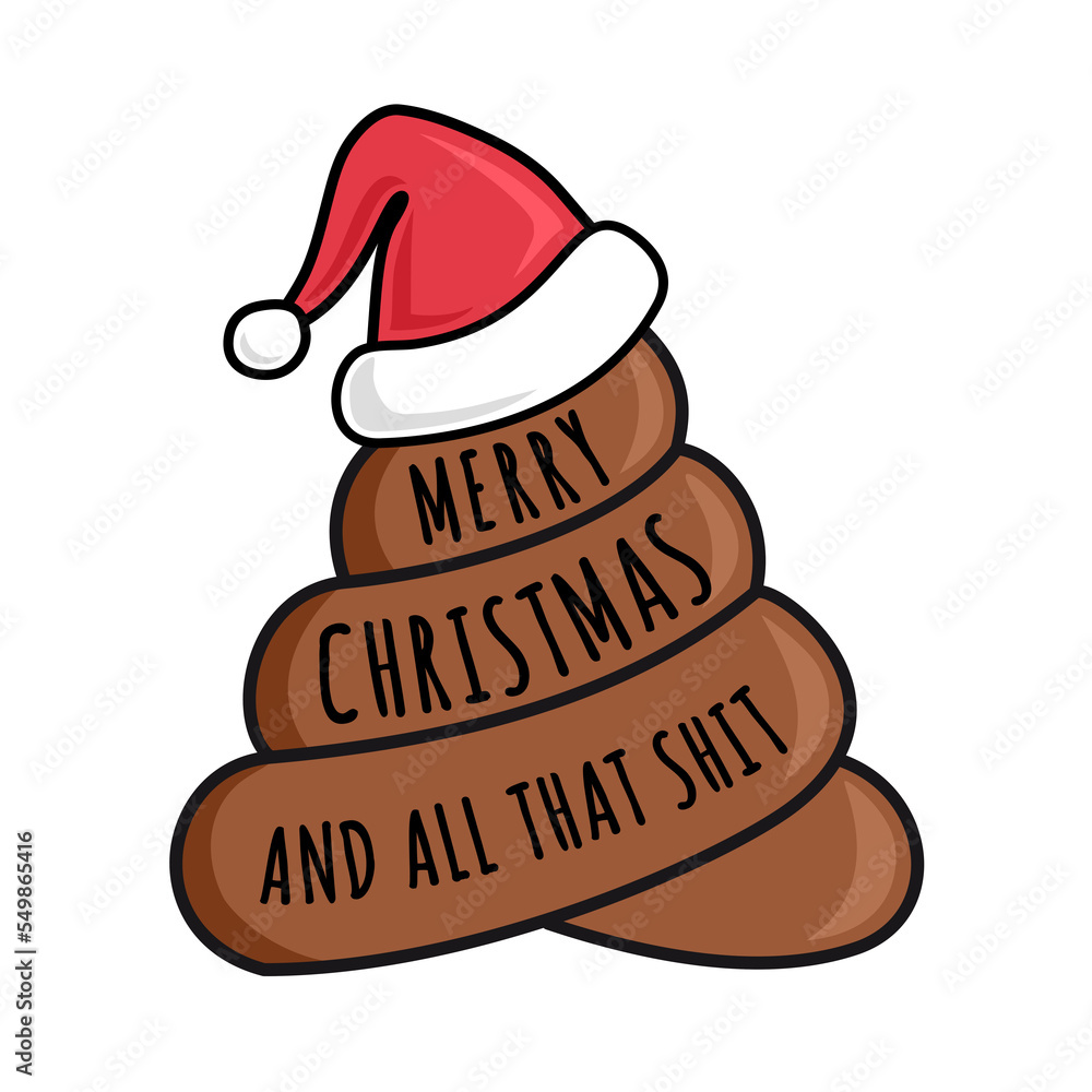 Funny Christmas poop emoji with Santa hat, humorous Christmas card, sticker, tag, illustration ...
