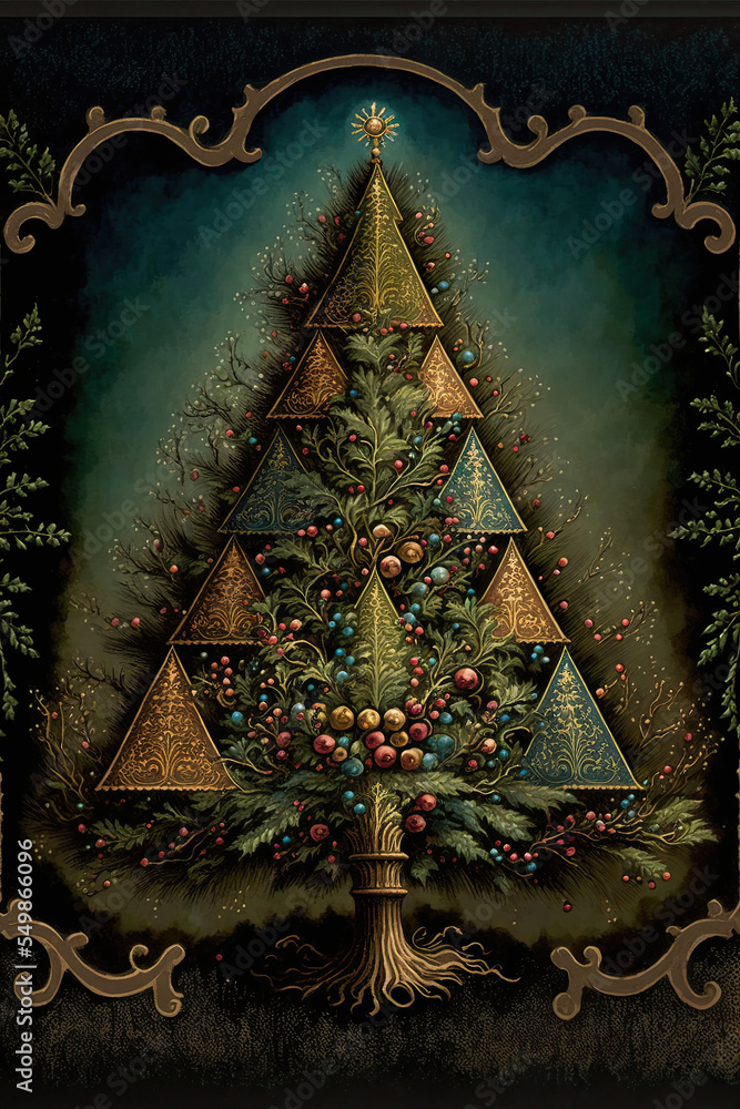 Illustration of a vintage victorian style christmas tree constructed on ...