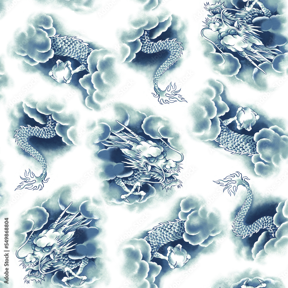 Japanese dragon pattern drawn by hand, Half step repeat Up and down is ...