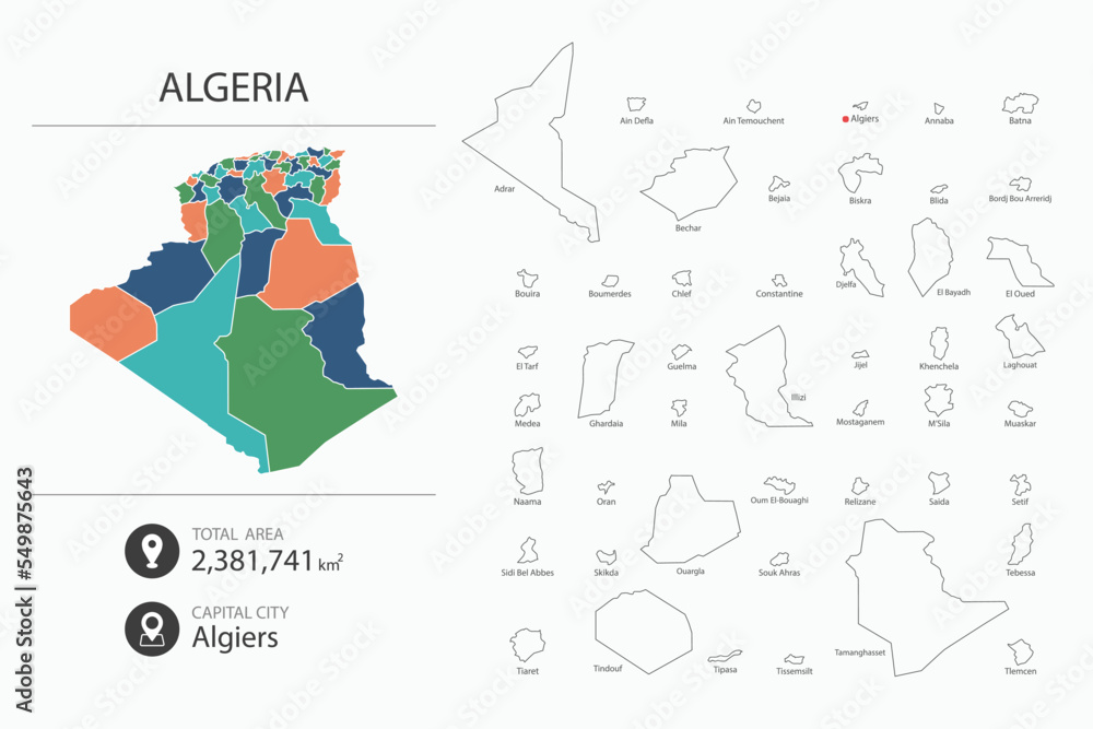 Map of Algeria with detailed country map. Map elements of cities, total ...