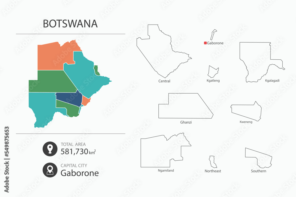 Map of Botswana with detailed country map. Map elements of cities ...