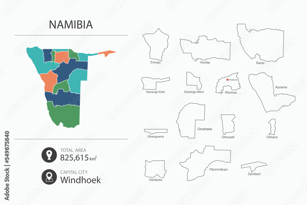 Map of Namibia with detailed country map. Map elements of cities, total ...