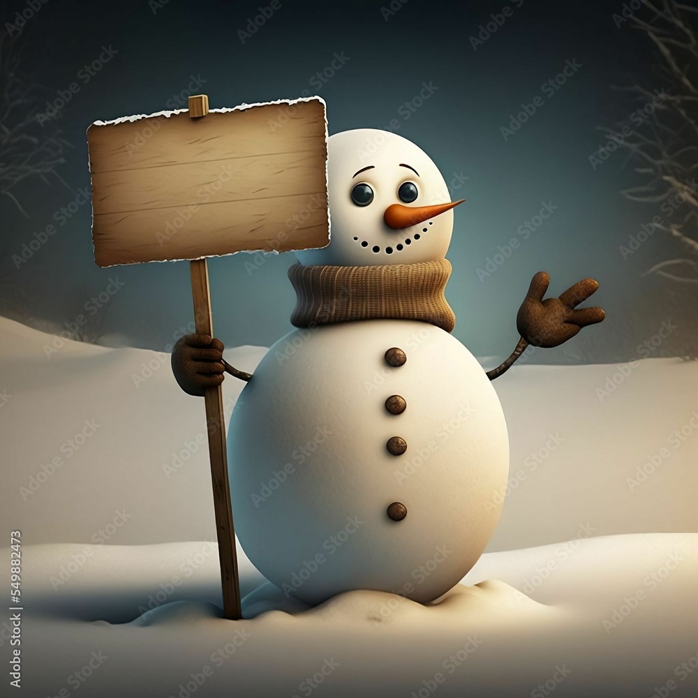 Snowman Holding Blank Wooden Sign in the Snow | Created Using ...