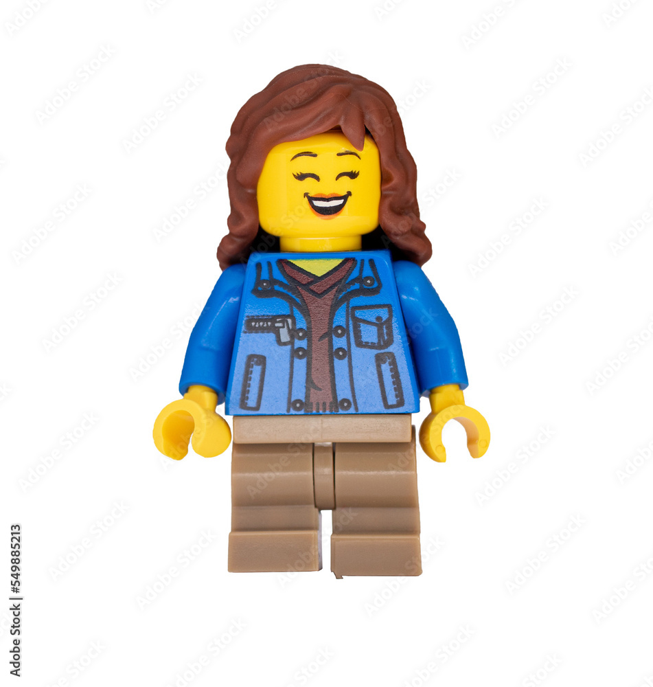 Laughing female Lego character. Blue shirt, long hair. Transparent PNG ...