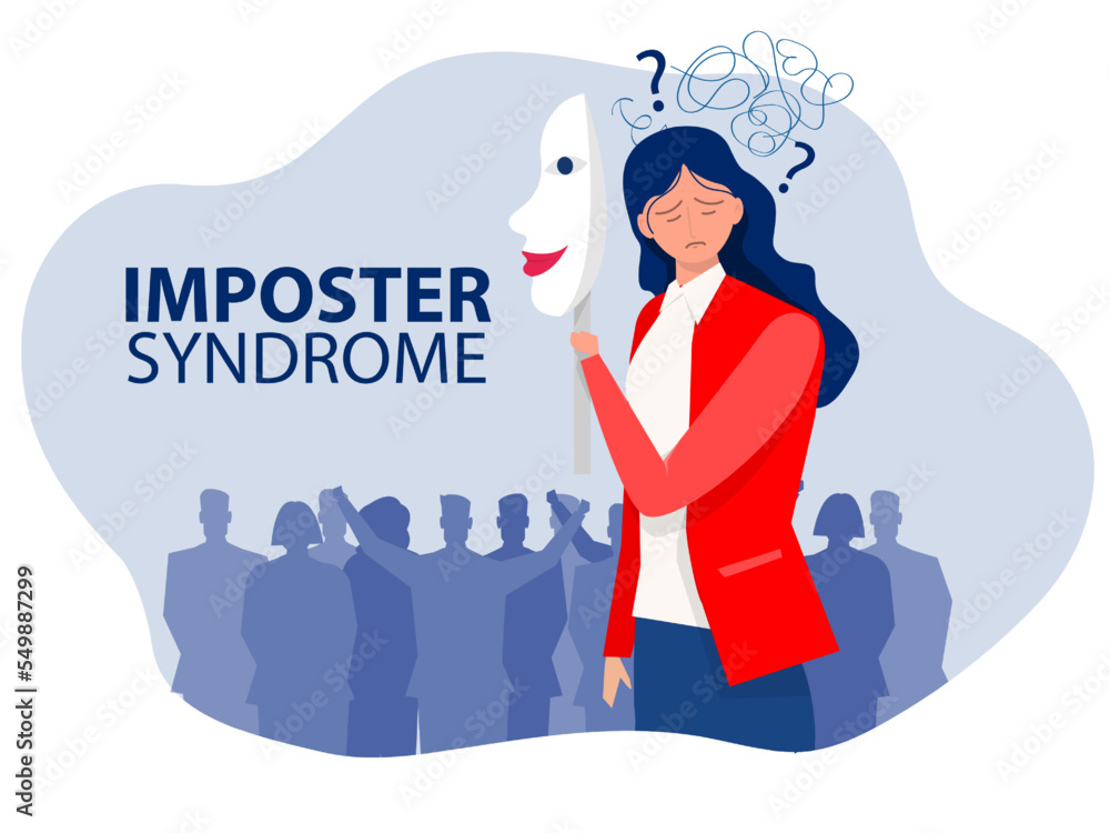 Imposter syndrome.woman holding a mask self confidence but Anxiety and ...