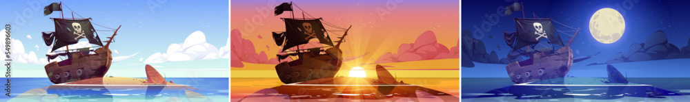 Broken pirate ship on sea island at night, sunset and afternoon. Vector ...
