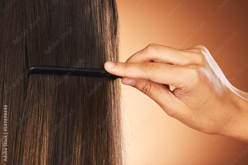 Hair care, back and hand with comb for beauty, growth and grooming in a ...