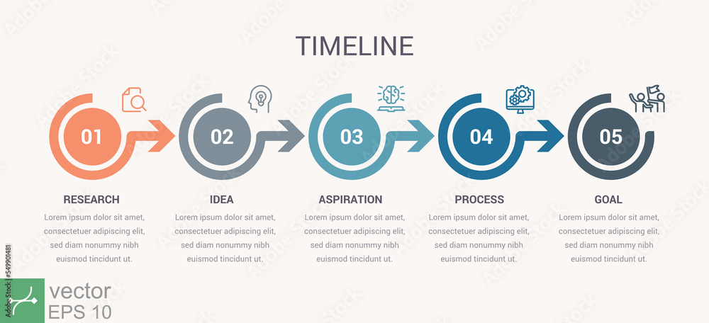 Business process. Timeline infographics with 5 steps, circles, arrows ...