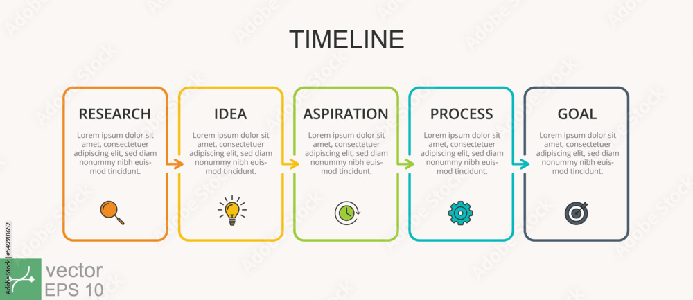 Business process. Timeline infographics with 5 steps, rectangle, arrows ...