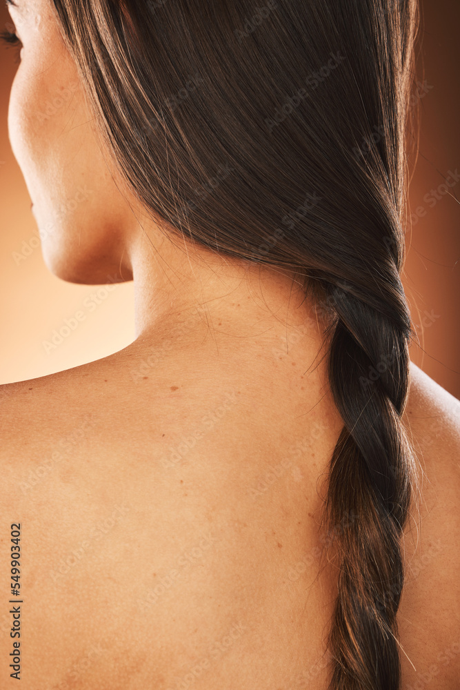 Hair, beauty and back of woman with braid for hair care, hair salon and ...