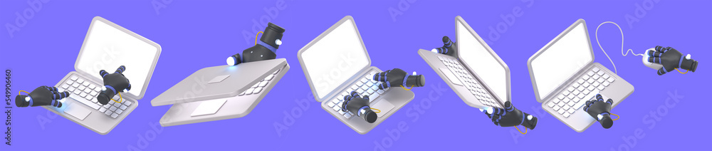 3d render robot hands with laptop, cyborg arms working on computer ...
