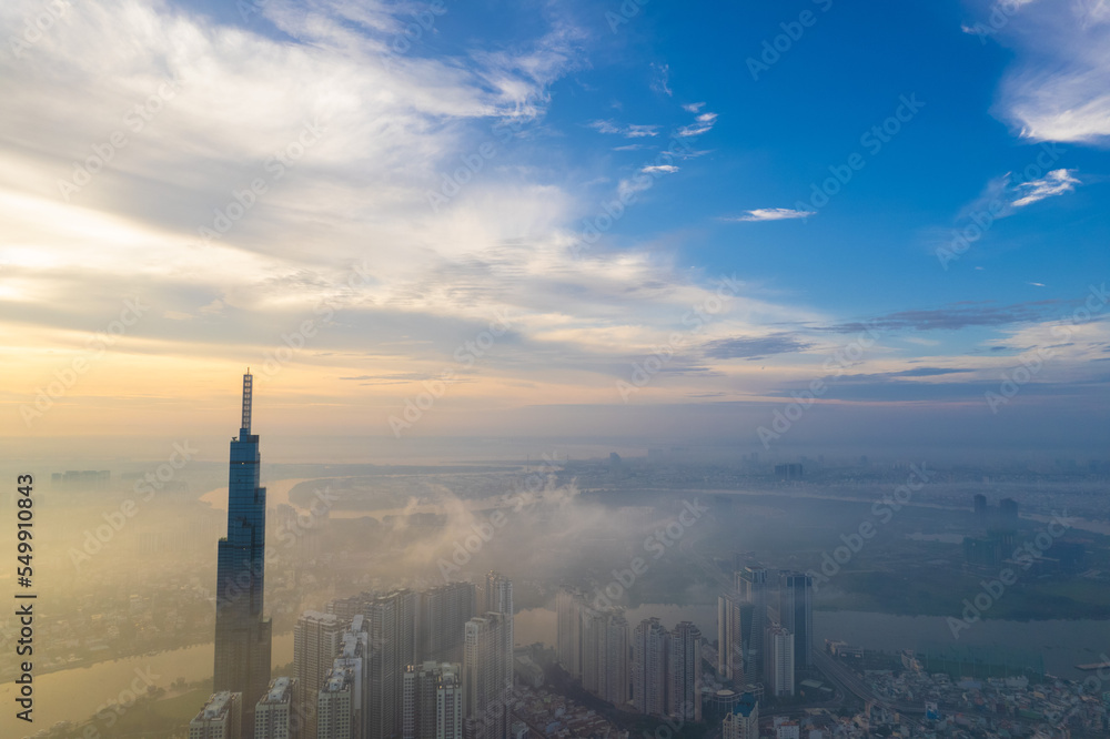 aerial view of Ho Chi Minh City in the morning, Top view aerial photo ...