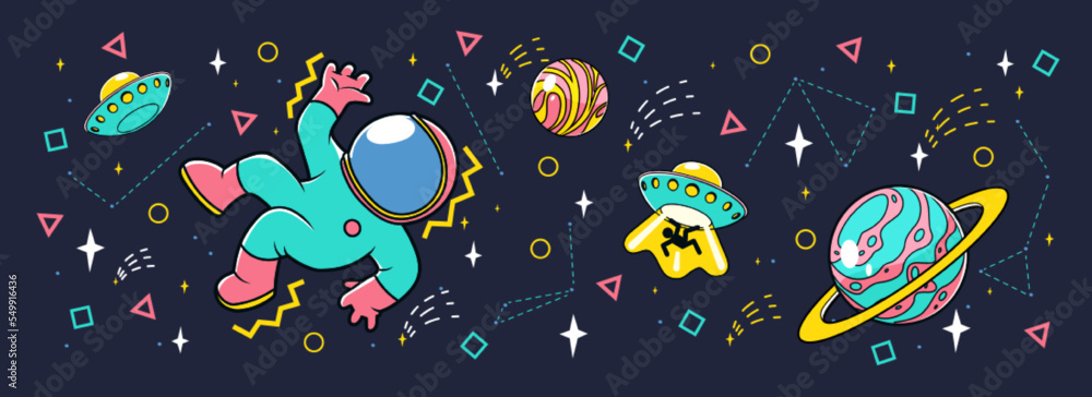 Cute astronaut in space with alien ufo saucers, planets, stars ...