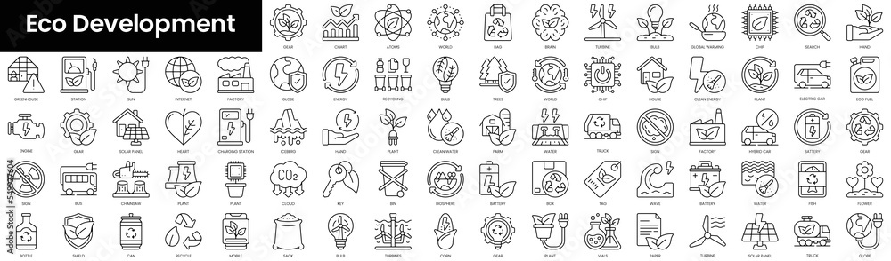 Set of outline eco development icons. Minimalist thin linear web icon ...