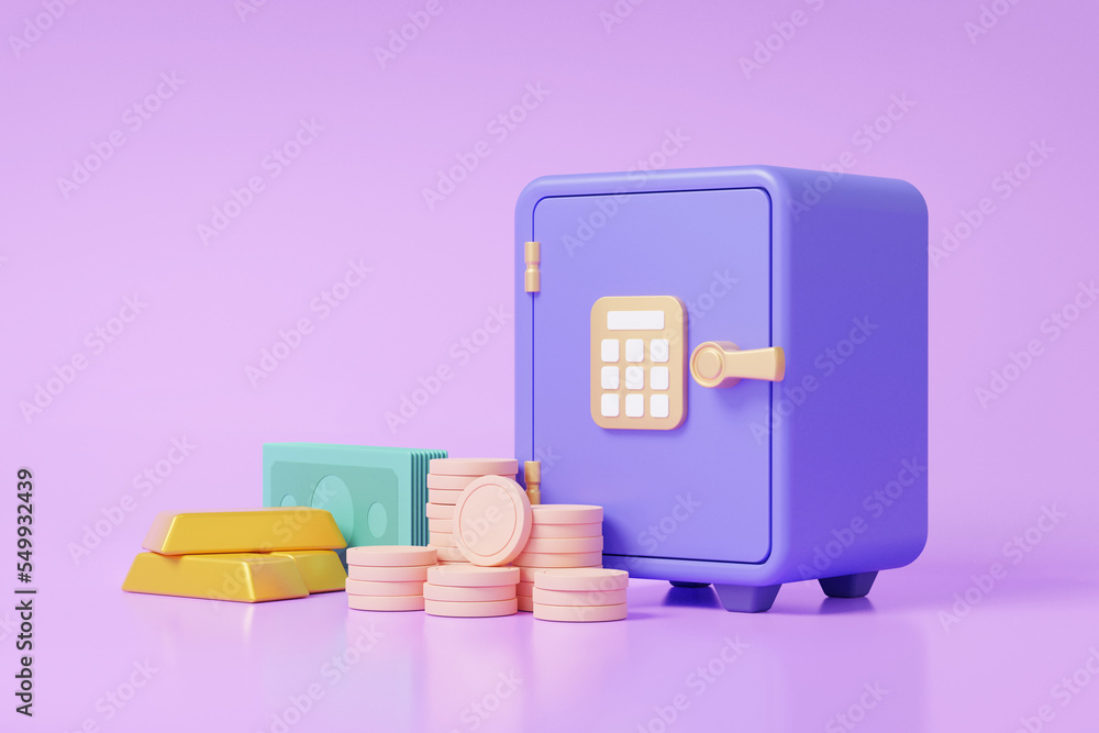 Illustrazione Stock Purple safe box with gold bar banknote stock coins ...