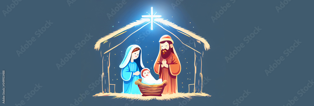 illustration Christmas nativity neon scene of born child baby Jesus ...