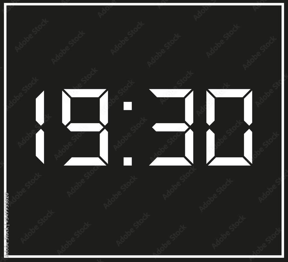 19:30 Digital clock showing time. Simple black and white vector with ...