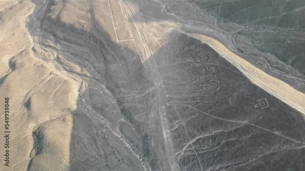 Aerial view of humanoid creatures geoglyphs, Nazca desert, Peru. Nazca ...