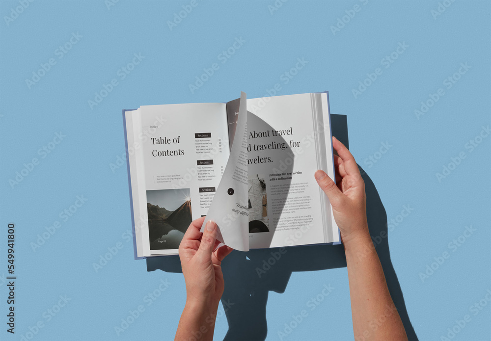 Hands Turning Pages of a Hardcover Book Mockup With Custom Background ...