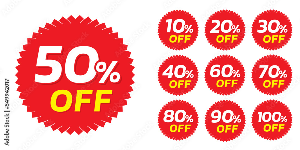 Special offer discount tag with 10, 10, 20, 30, 40, 50, 60, 70, 80 and ...