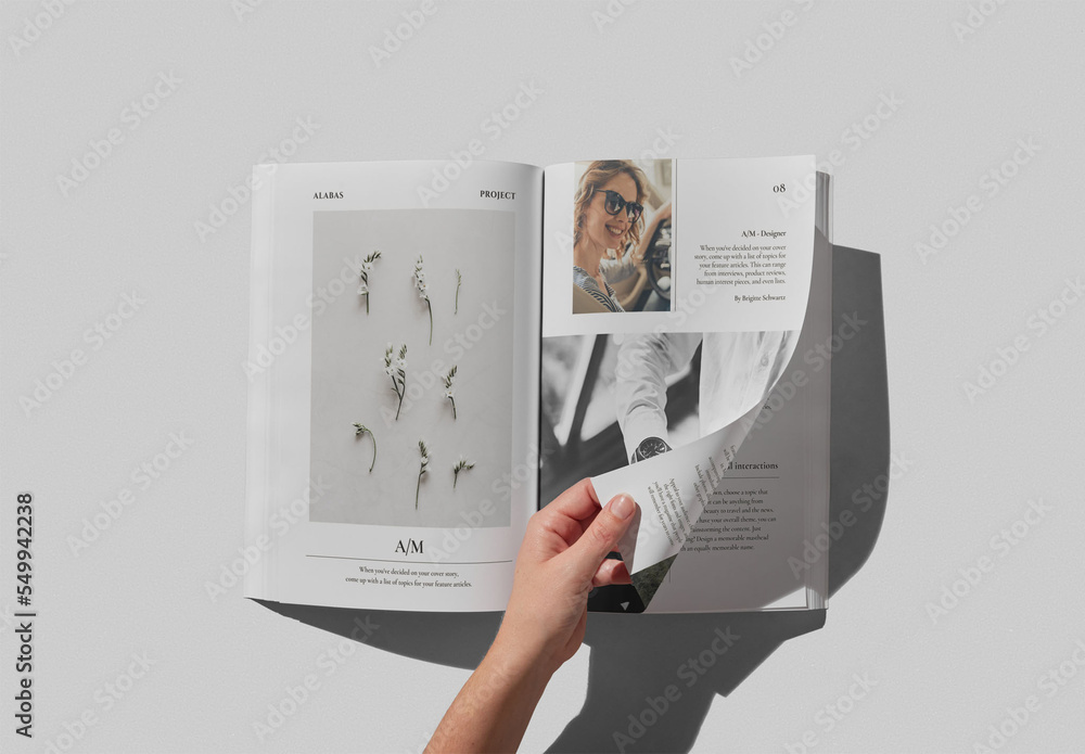 Modelo de Turning page of an Open A4 Magazine Mockup do Stock | Adobe Stock