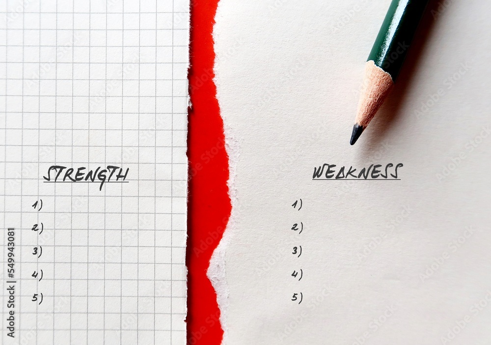 Pencil on two paper note with handwritten lists of STRENGTH and ...