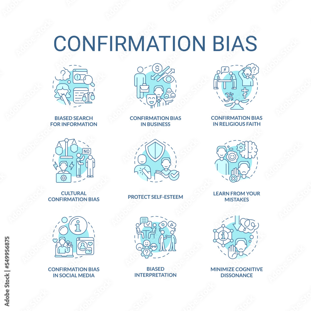 Confirmation bias turquoise concept icons set. News literacy ... Confirmation bias turquoise concept icons set. News literacy ...